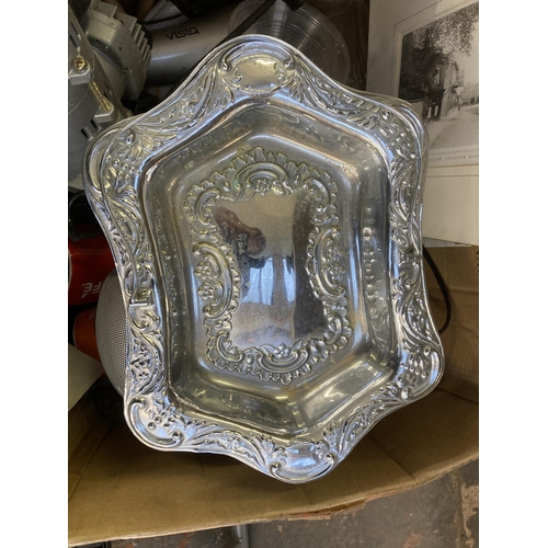 A box containing white metal serving tray, Mitre Pro Inflator 240v air ...