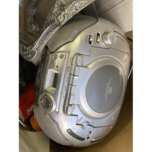 A box containing white metal serving tray, Mitre Pro Inflator 240v air ...