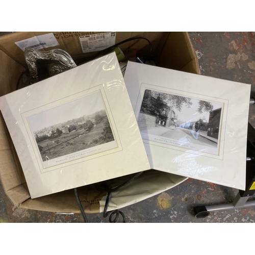 A box containing white metal serving tray, Mitre Pro Inflator 240v air ...