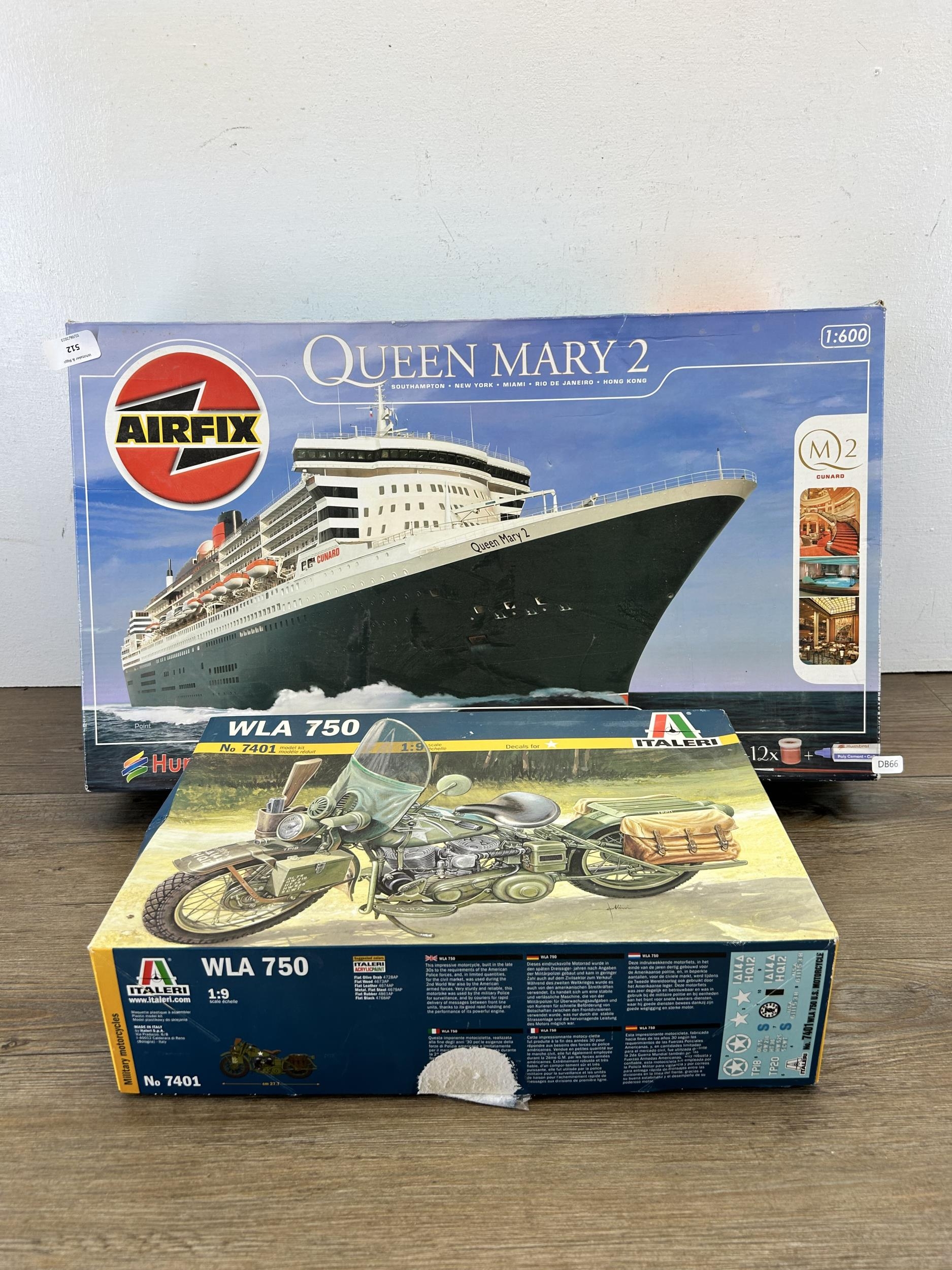Two boxed plastic model kits, one Airfix Queen Mary 2 and one Italeri ...