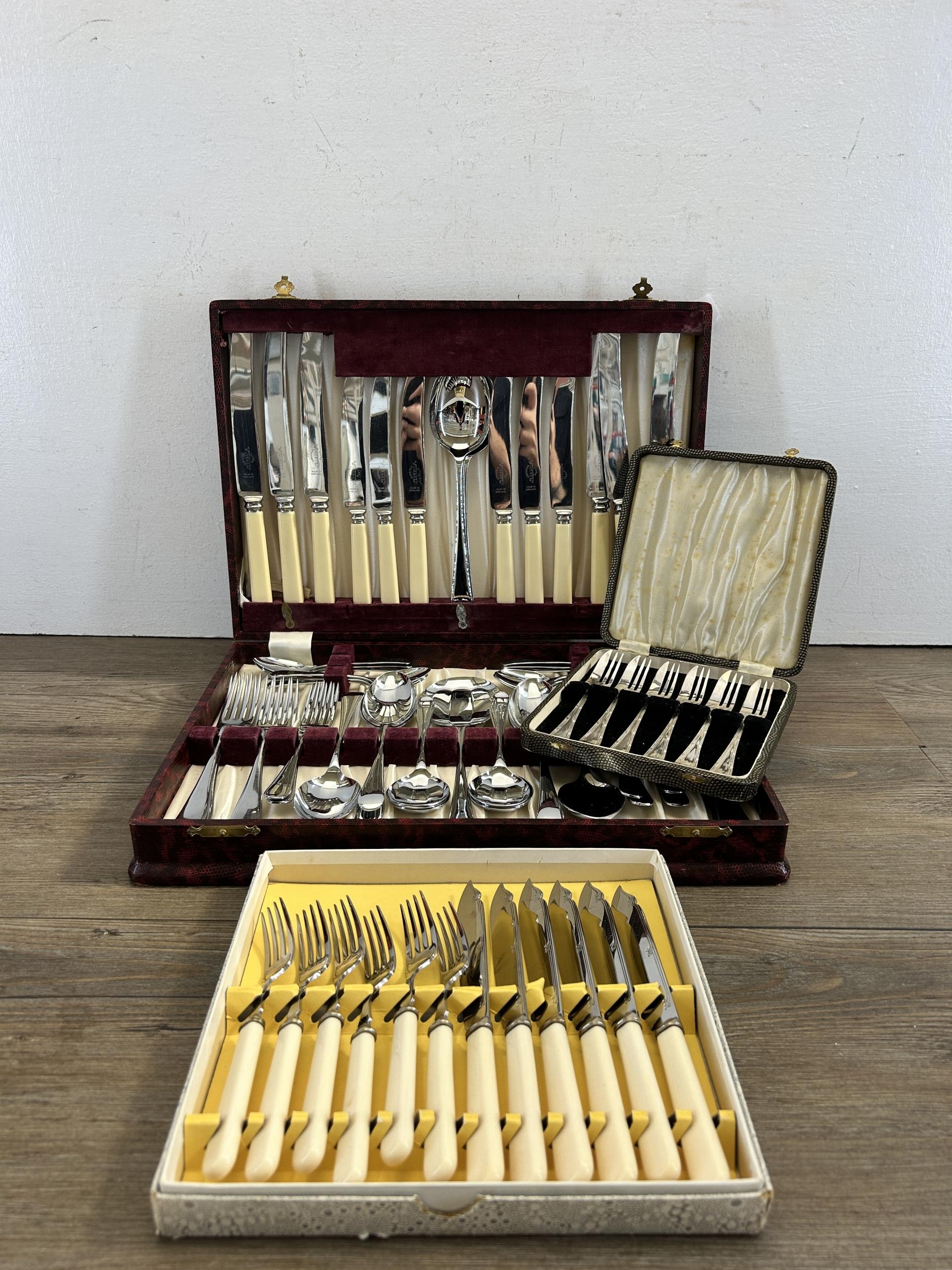 Three cased cutlery sets, one Viners Ltd, one Firth Staybrite and one EPNS