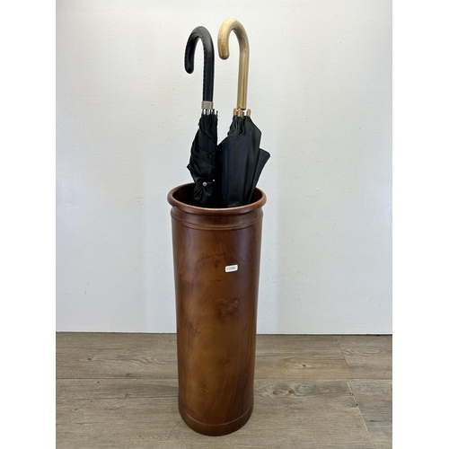 A yew wood cylindrical stick stand with two umbrellas - approx. 59cm ...