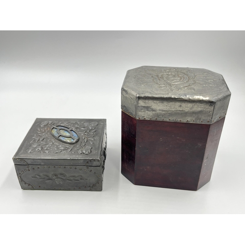 Two pewter boxes, one trinket box with semi-precious stone insert and ...