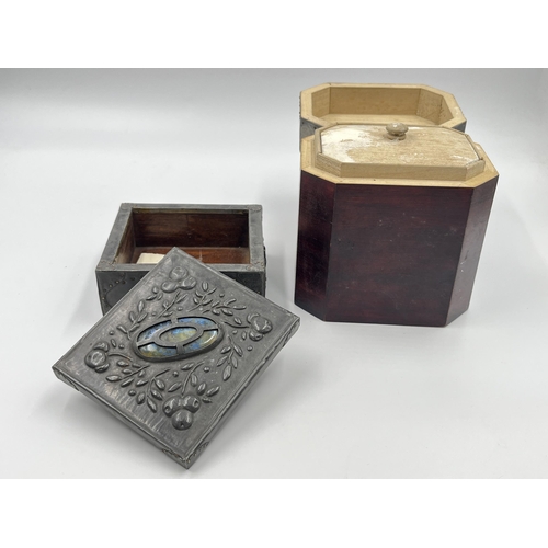 Two pewter boxes, one trinket box with semi-precious stone insert and ...