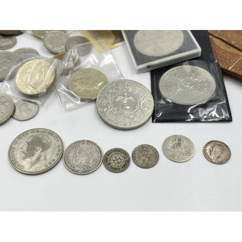 A collection of banknotes and coins to include 92.5% 1889 silver ...