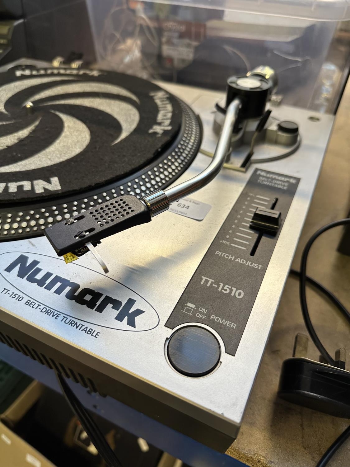 A Numark TT-1510 belt-drive two-speed turntable with pitch adjust