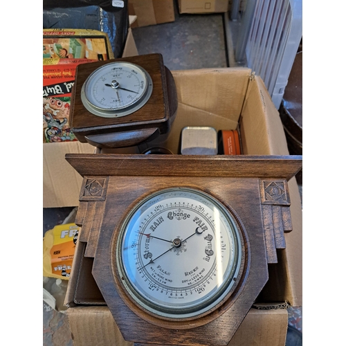 Two boxes containing Art Deco oak cased wall hanging barometer, vintage ...