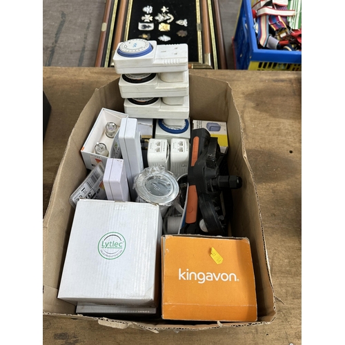 A box containing electrical appliances to include BT Mini Connecter V2 ...