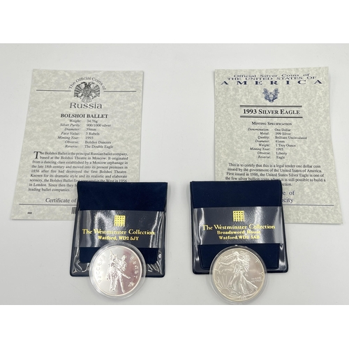 Two silver proof coins with certificates of authenticity, one .999 1993 ...