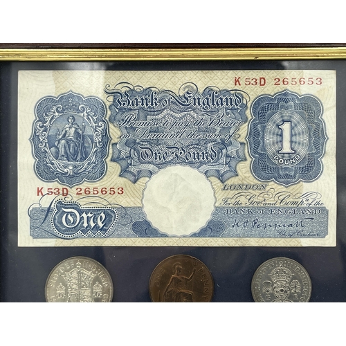 A framed collection of British currency to include emergency wartime ...