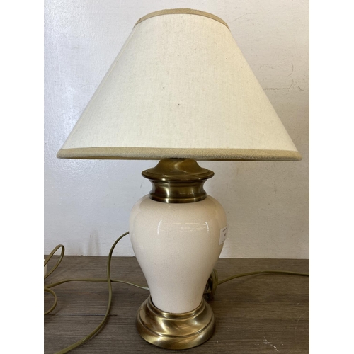Three BHS crackle glazed ceramic and brushed brass effect table lamps