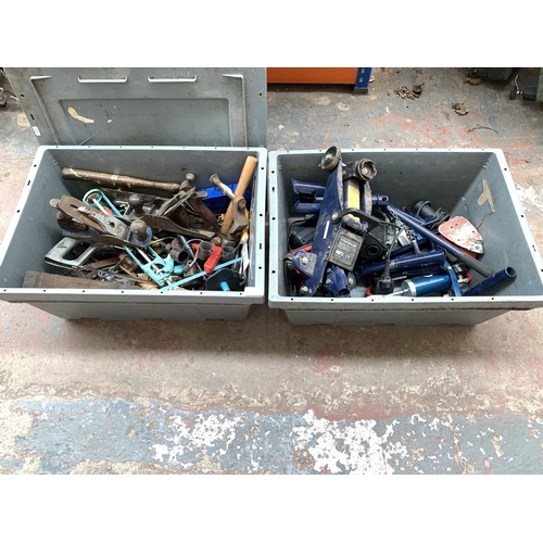 Two boxes containing hand tools to include, Talco plane, Stanley ...
