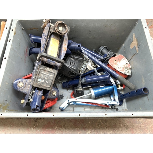 Two boxes containing hand tools to include, Talco plane, Stanley ...