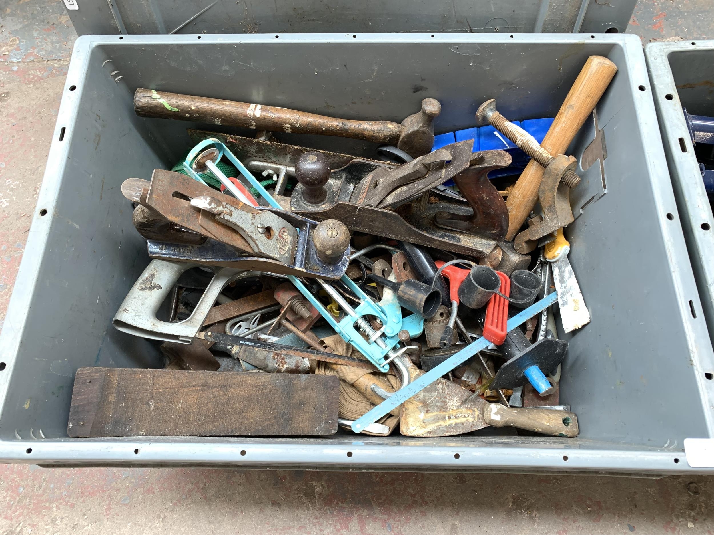 Two boxes containing hand tools to include, Talco plane, Stanley ...