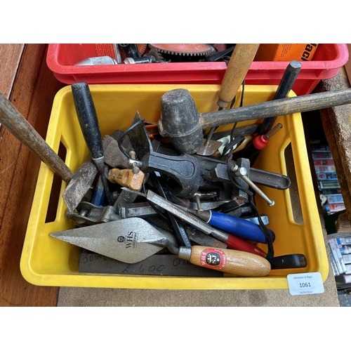 Two boxes containing vintage hand tools to include Black & Decker D965 grinding attachment wheel, St