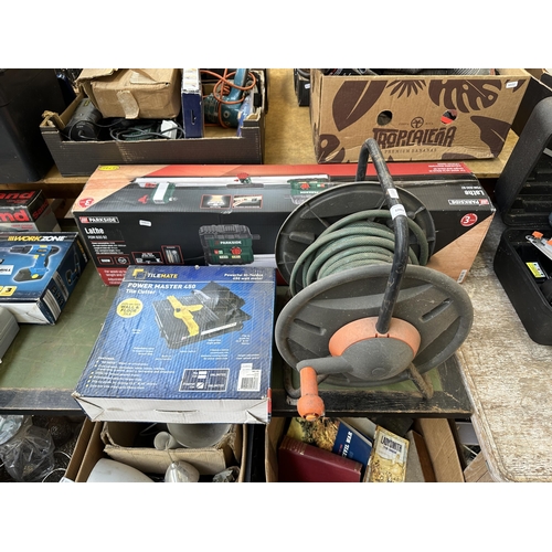 Three items one Parkside PDM600B2 lathe, one boxed Tilemate Power ...