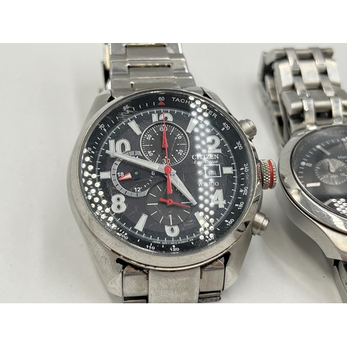 Two stainless steel chronograph quartz men's watches, one Citizen Eco ...