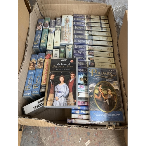 Ten boxes containing books, LP vinyl records, VHS tapes etc.