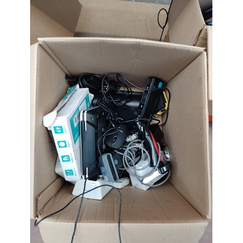 Five boxes of mixed tech and electrical items to include PC speakers ...