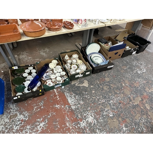 Seven boxes containing Apilco French ceramics, Royal Stuart plates ...