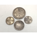 Four George II 92.5% silver coins, one 1732 half crown, one 1745 ...