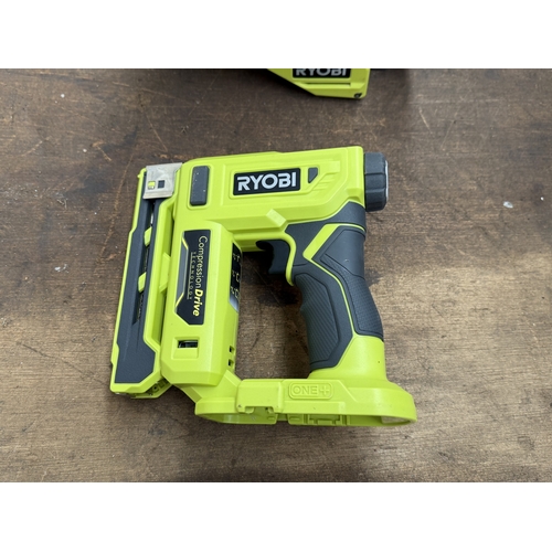 Three Ryobi cordless power tools, one jigsaw, one staple gun and one sander