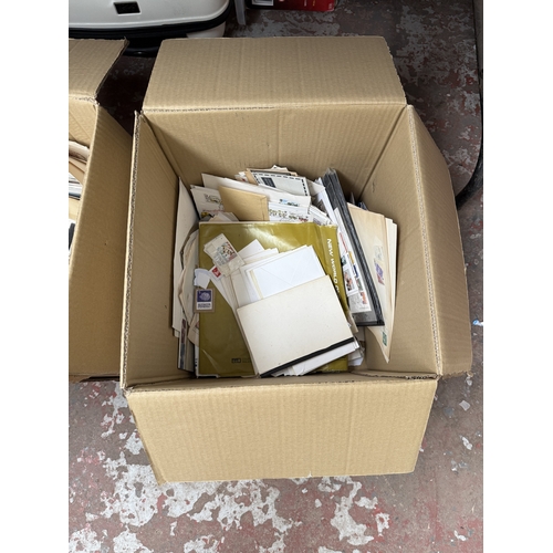 Five boxes containing loose stamps, First Day Covers, stamp albums etc.