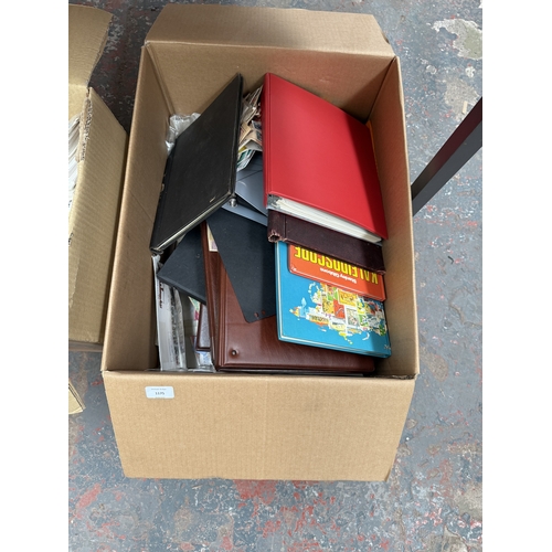 Three boxes containing stamps, stamp albums, First Day Covers etc.