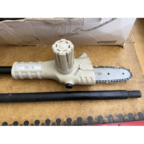 An Eckman cordless multitool with hedge trimmer and chainsaw attachment