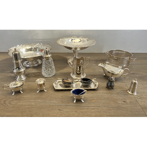 A collection of silver plated ware to include tazza, sauce boat, cruet ...
