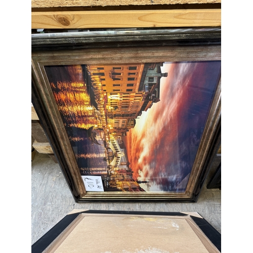 Three framed cityscape textured prints - each approx. 95cm high x 74cm wide