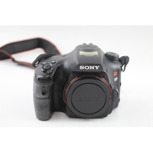 A Sony Alpha α57 16mp APS-C CMOS sensor DSLR camera body with body cap