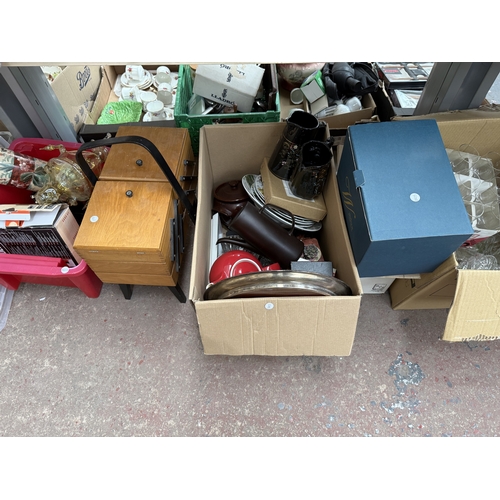 Five boxes containing glassware, concertina sewing box, Black & Decker ...