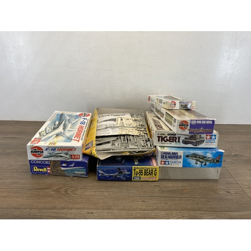 Eight boxed plastic model kits to include Airfix F-18 Hornet, Revell ...