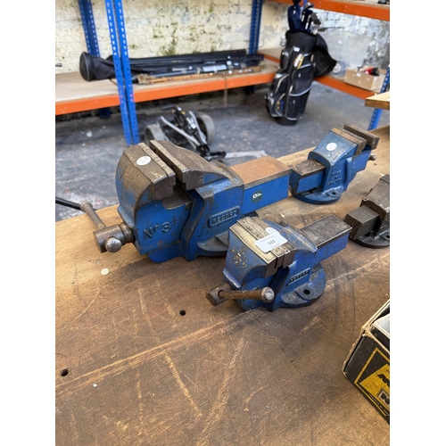 Four Record bench vices, two No. 1, one No. 3 and one No. 00