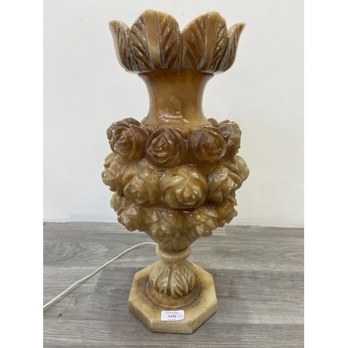 Two carved alabaster items, one table lamp - approx. 47cm high and one ...