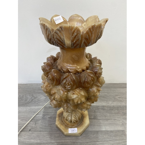 Two carved alabaster items, one table lamp - approx. 47cm high and one ...