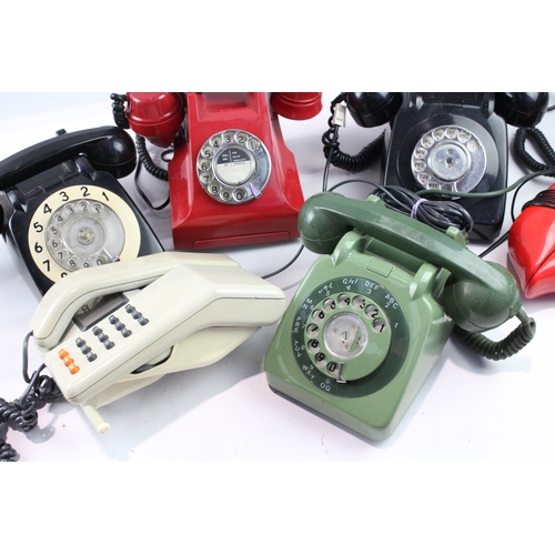 Six vintage corded rotary telephones to include Dialatron lips etc.