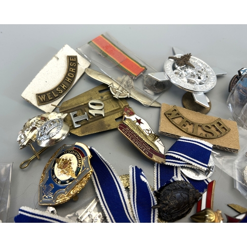 A collection of mostly military badges and shoulder titles