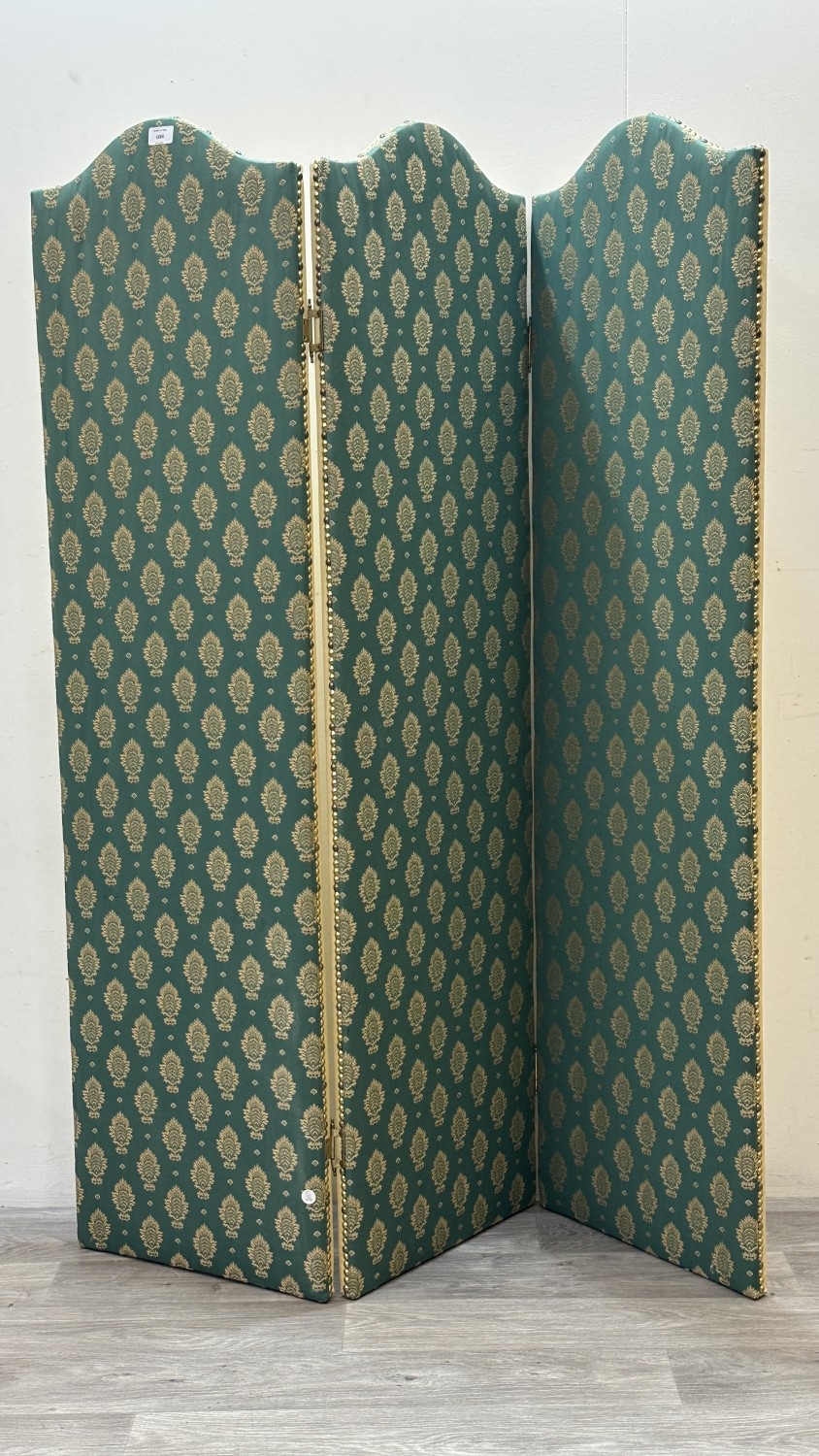 A mid/late 20th century metal studded fabric upholstered three section ...