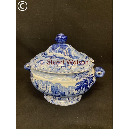 Large blue and white lidded tureen showing Stanfield Hall, Norfolk