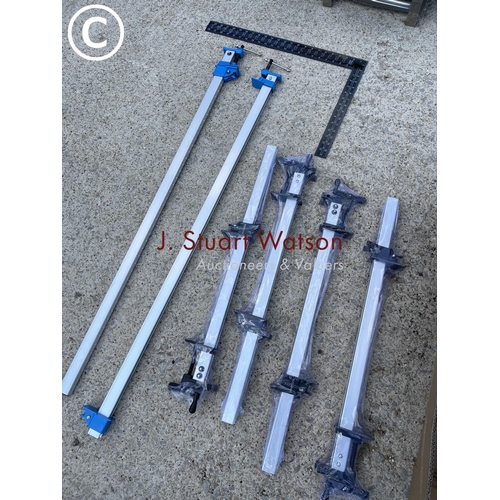 Six new aluminum, sash cramps and a square