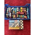 Tray of Die cast cars and Scalextric grandstand kit