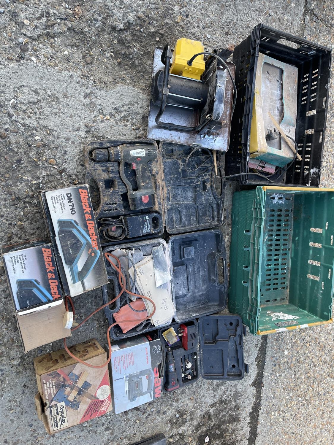 A collection of seven power tools