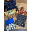 Two tap and dye sets, one socket set, tool box and tools
