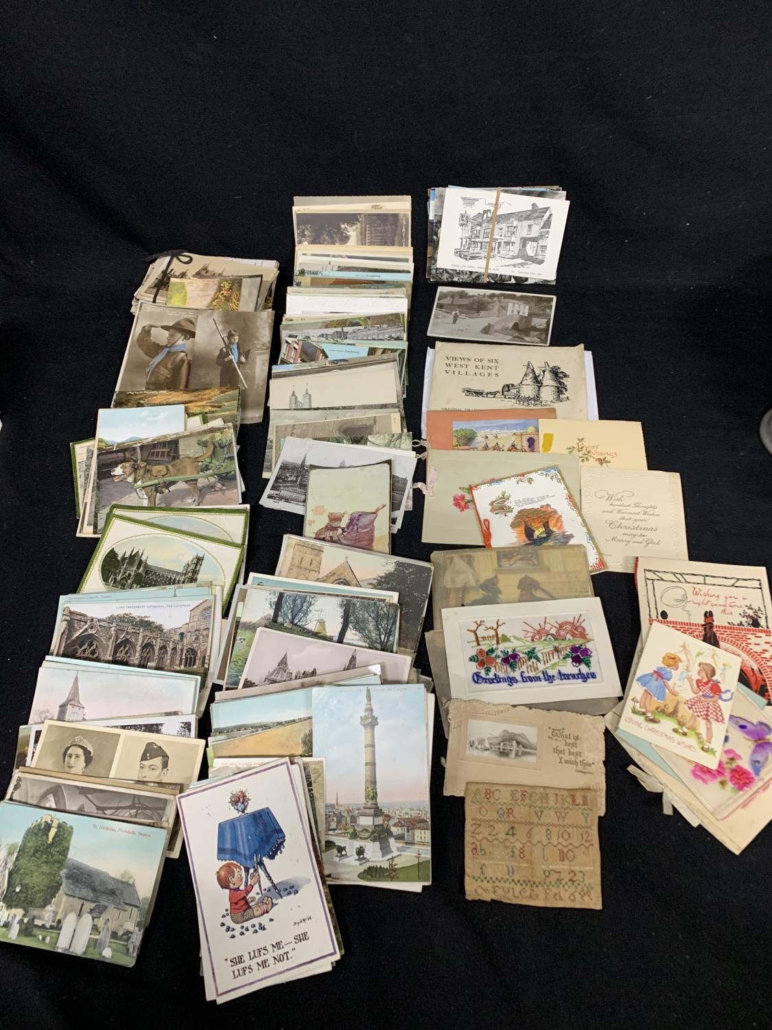 Vintage greetings cards, collection of old postcard and miniature sampler