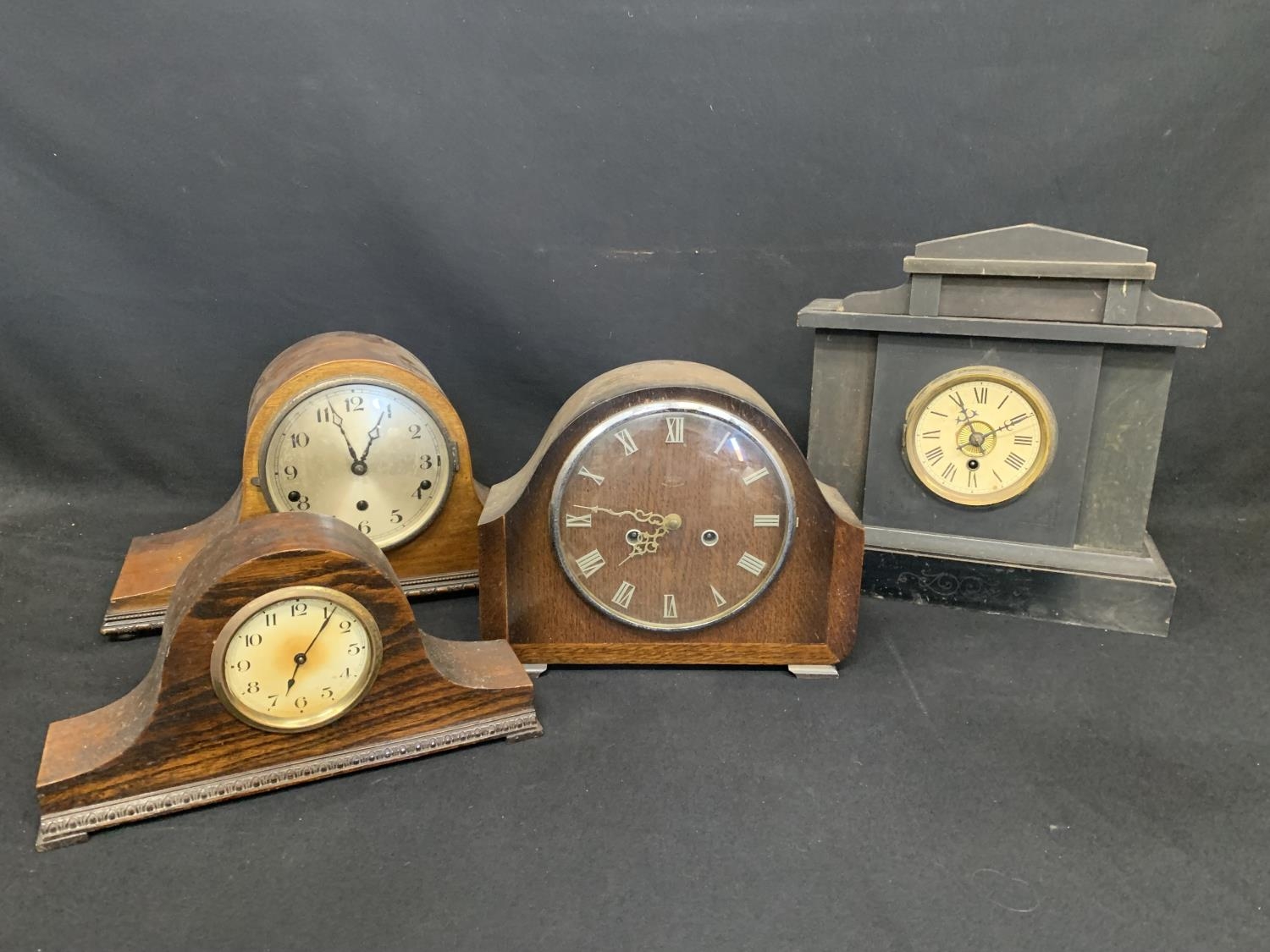 4 wooden mantle clocks, 3 with pendulums