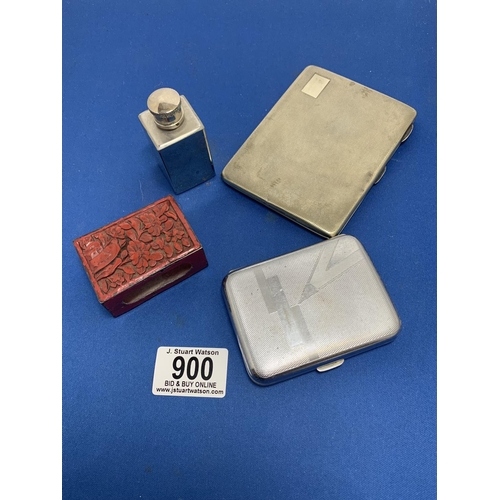 Chinese cinnabar lacquer Match case, Metal Flask & 2 EPNS Cigarette cases