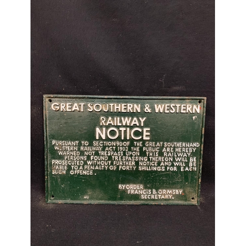 Cast iron Great Southern and western railway Notice Sign 39 x 27cms
