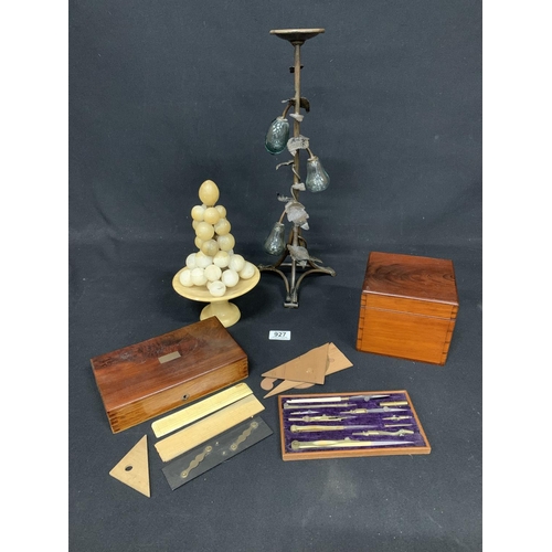Antique Geometry Set, Mahogany Box, Alabaster pedestal and wrought iron ...
